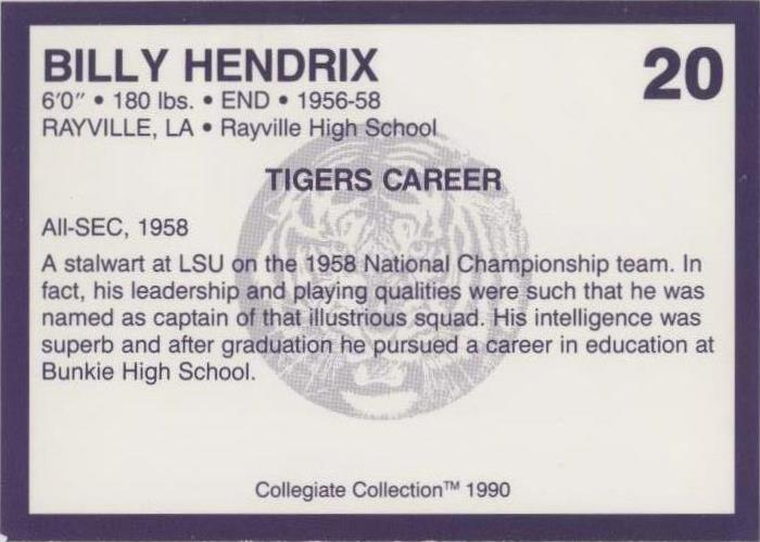 1990 Collegiate Collection LSU Tigers Billy Hendrix #20 for sale | eBay