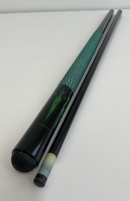 Vintage Pool Cue Black W/Green Inlays - Linen Wrapped Handle W/Leather ...