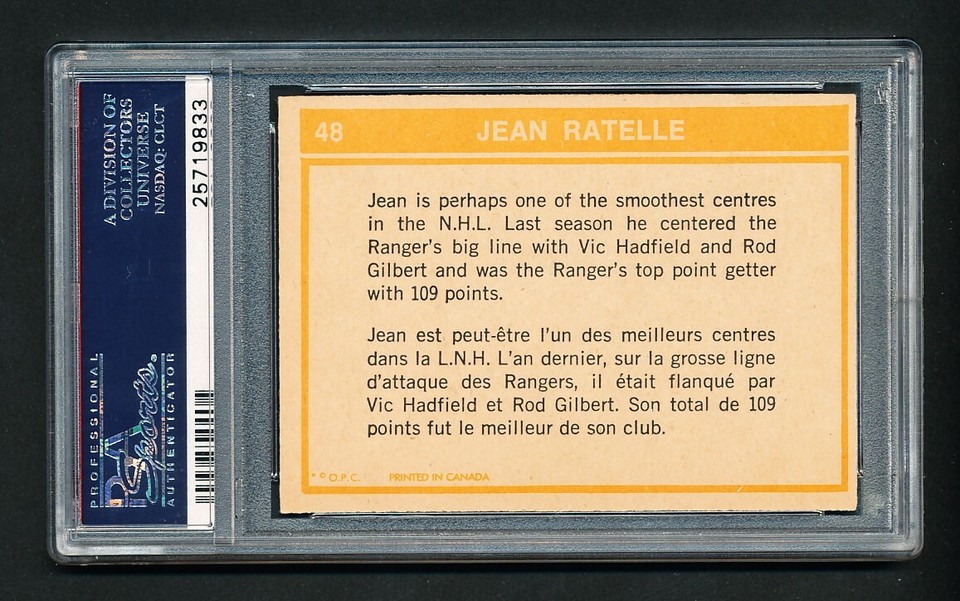1972 OPC HOCKEY 48 JEAN RATELLE DEFENSE ON FRONT RANGERS PSA 7 NEAR ...
