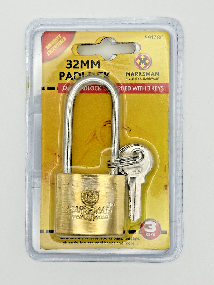 32mm Long Shackle Large Loop Brass Security Padlock + 3 Keys Gates ...