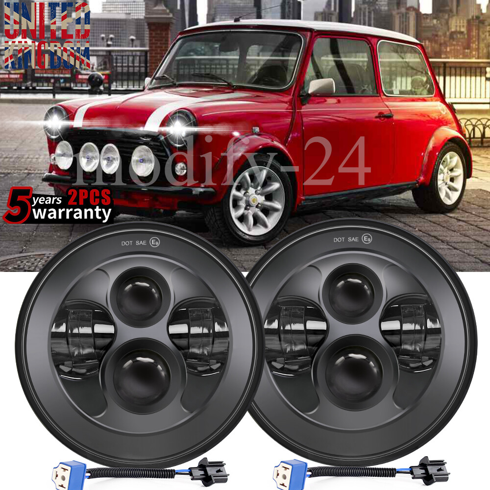 Black Fit Classic Mini Austin Rover 7'' Round LED Headlights Hi/Lo Beam ...