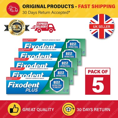 5 x Fixodent Green Plus Dual Protection Denture Adhesive Crm - 5 x 40g ...