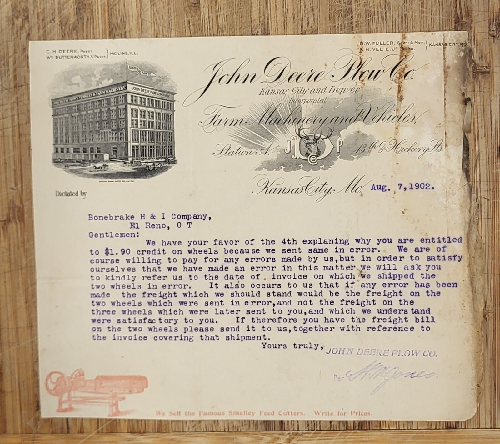 Letterhead Missouri 1902 Kansas City John Deere Plow Bonebrake Hardware ...