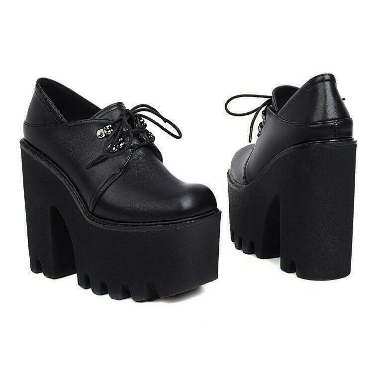 Women Punk Creeper Shoes Block Heels Lace Up Platforms Party Casual ...