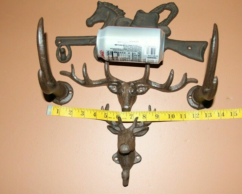 Wall Mounted Antler Deer Horn Wall Hooks, Cast Iron, Fall Hunt 5 Items ...