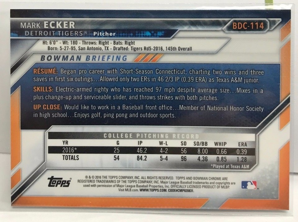 Mark Ecker 2016 Bowman Chrome Draft Prospect LIGHT BLUE Refractor ...