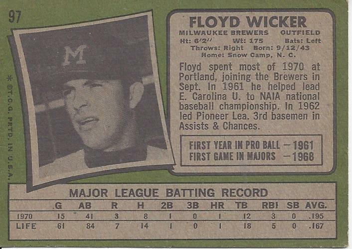 1971 Topps Floyd Wicker 97 Brewers VG | eBay