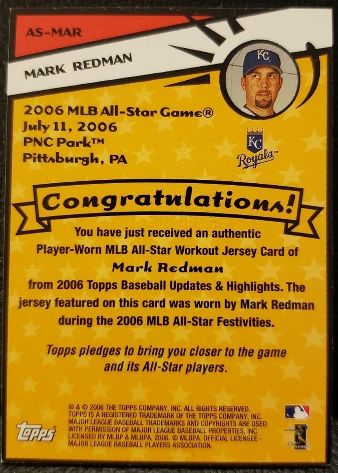 MARK REDMAN 2006 Topps Update Highlights All-Star Game Stitches Jersey ...