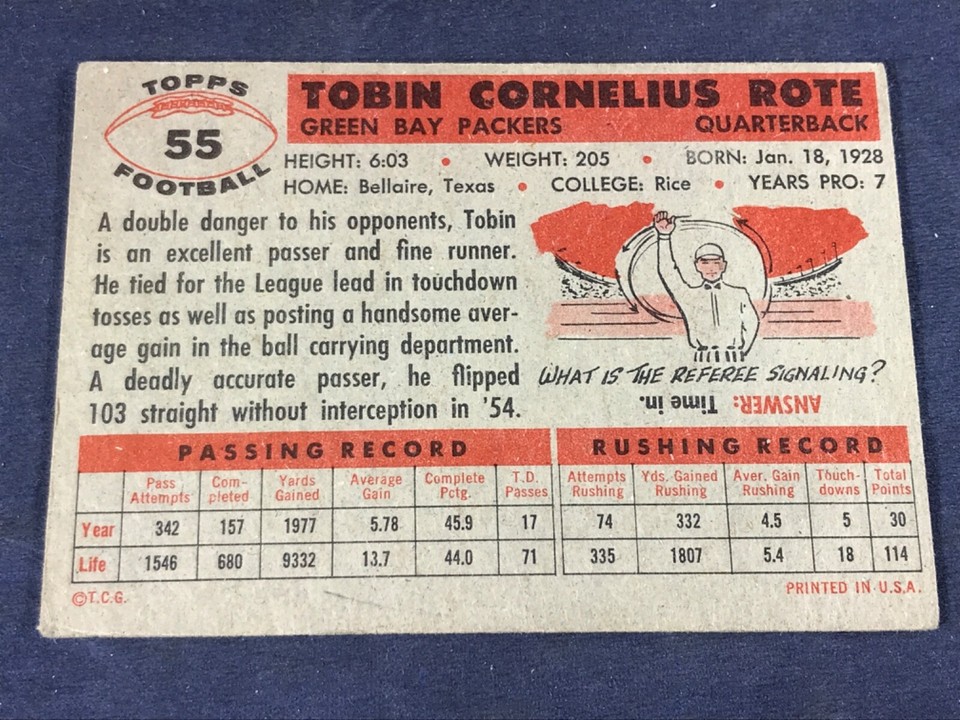 L4-37 FOOTBALL CARD - TOBIN ROTE GREEN BAY PACKERS - 1956 TOPPS - CARD ...