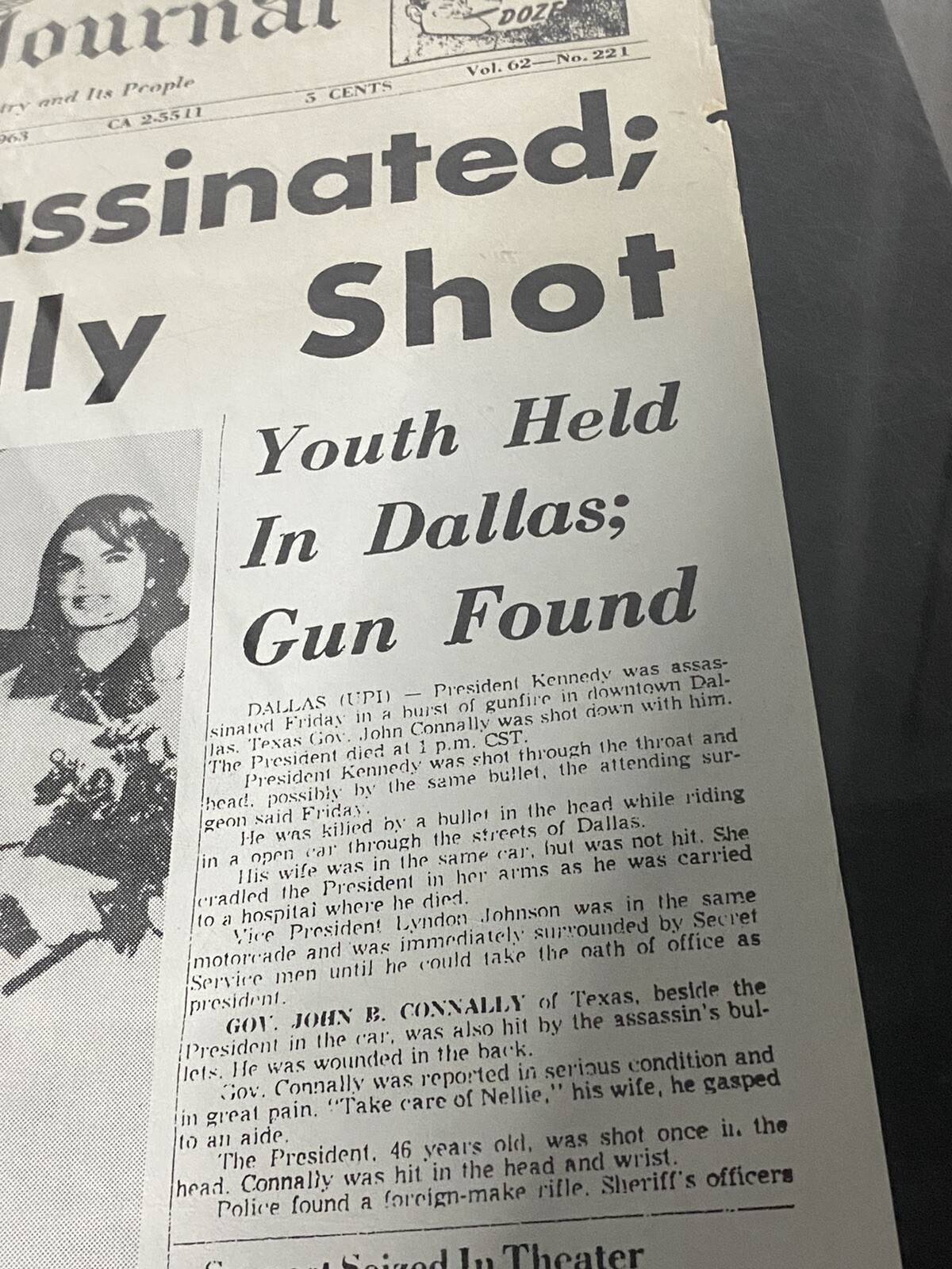 1963 Original Front Page Newspaper Kennedy Assassinated; Gov. Connally ...