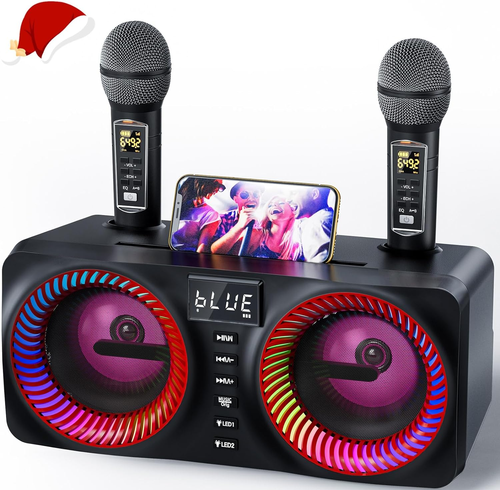 Karaoke Machine Portable Bluetooth Speaker w/2 UHF Wireless Mic Remote ...