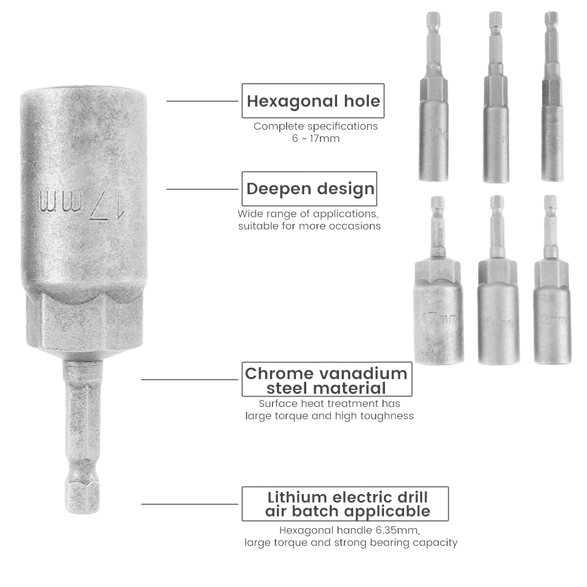 6Pcs 6mm-17mm Extra Deep Socket Adapter Bolt Nut Bit 1/4 Inch Hex Shank ...