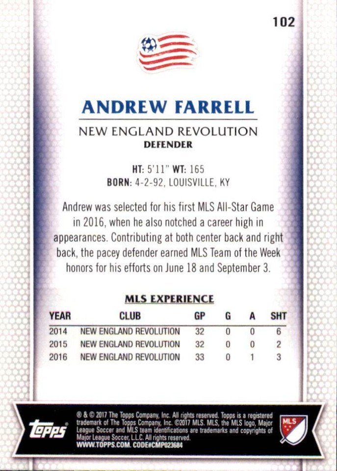 2017 Topps MLS Base #102 Andrew Farrell New England Revolution | eBay