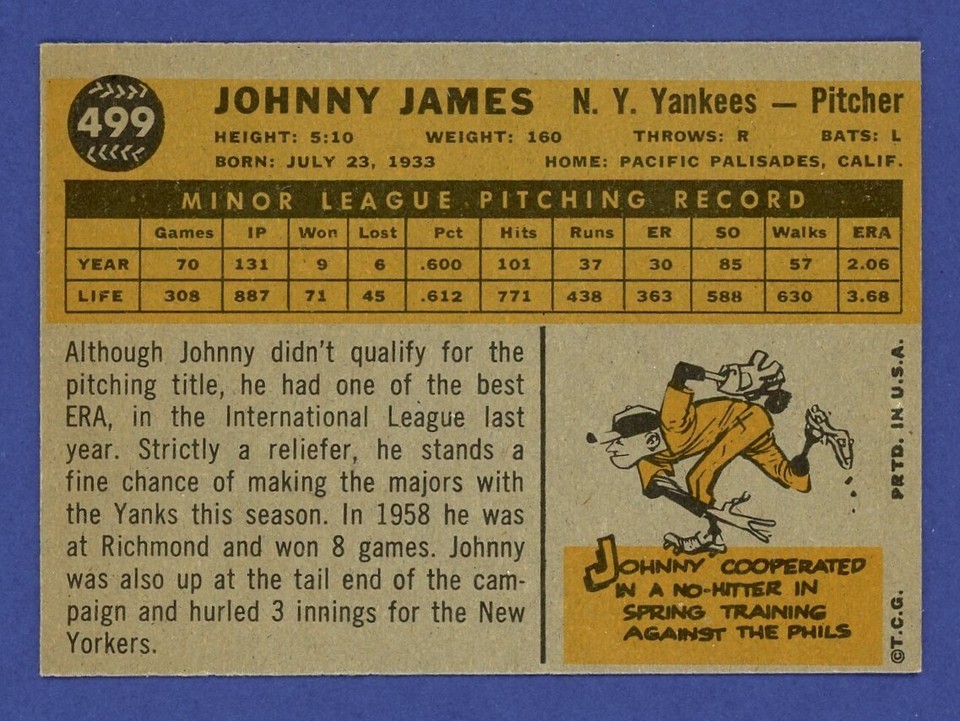 1960 TOPPS Johnny James #499 NM MT | eBay