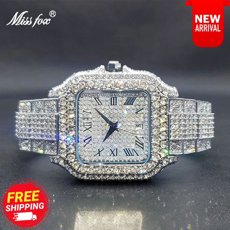 MISSFOX Mens Fully Ice Out Silver Diamond Watch Hip Hop Luxury Analog ...