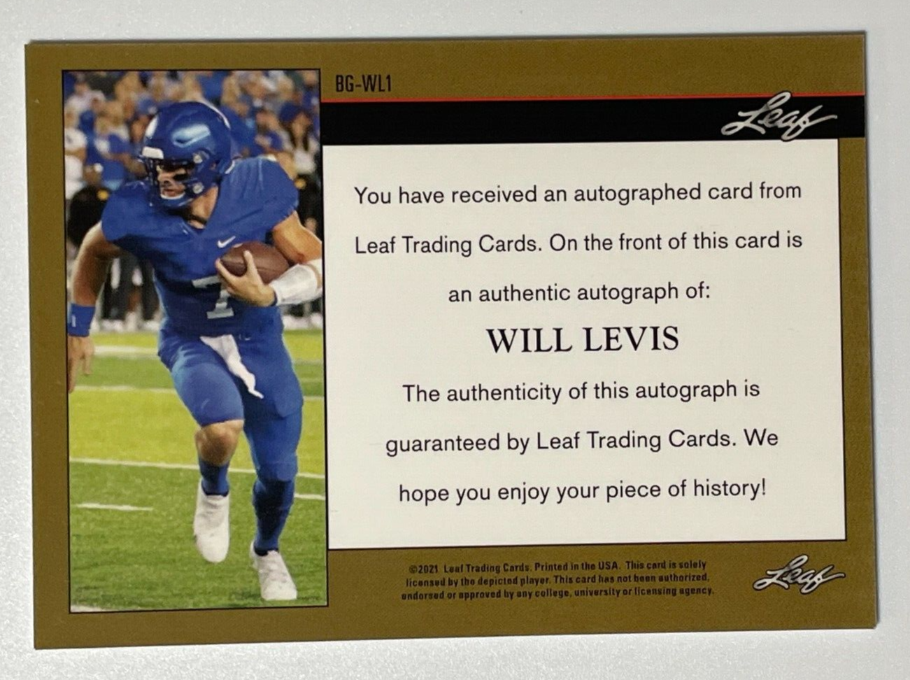 WILL LEVIS 2021 Leaf Memories Silver Rookie/Auto/Autograph /5 SSP #BG ...