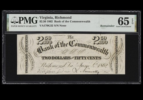 1862 VIRGINIA RICHMOND, $2.50 Commonwealth Civil War Bank Note Currency ...