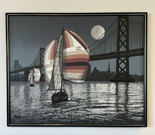 Vintage Letterman Mid-Century San Francisco Bridge Painting Sail Boat ...