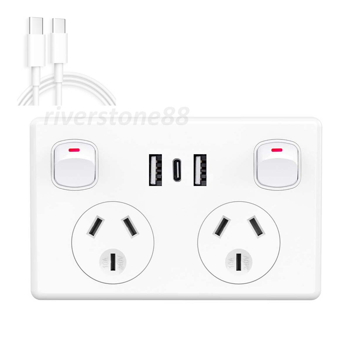 10A Charge 3.6A Dual USB TypeC Double Power Point GPO Wall Switch ...