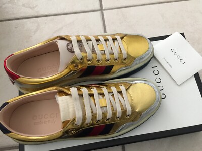 GUCCI 100% AUTHGUCCI LOGO GOLD LEATHER SNEAKERS SHOES GUCCI MAN 6 NEW ...