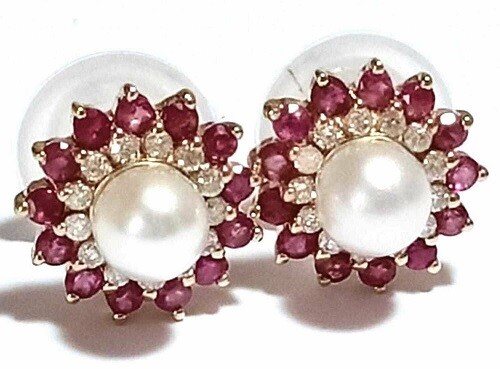 Vintage 14k Yellow Gold Over 1.40 CT Ruby Pearl Floral Stud Earrings ...