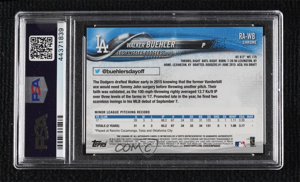 2018 Topps Chrome Rookie Walker Buehler #RA-WB PSA 10 GEM MT Auto d4f ...