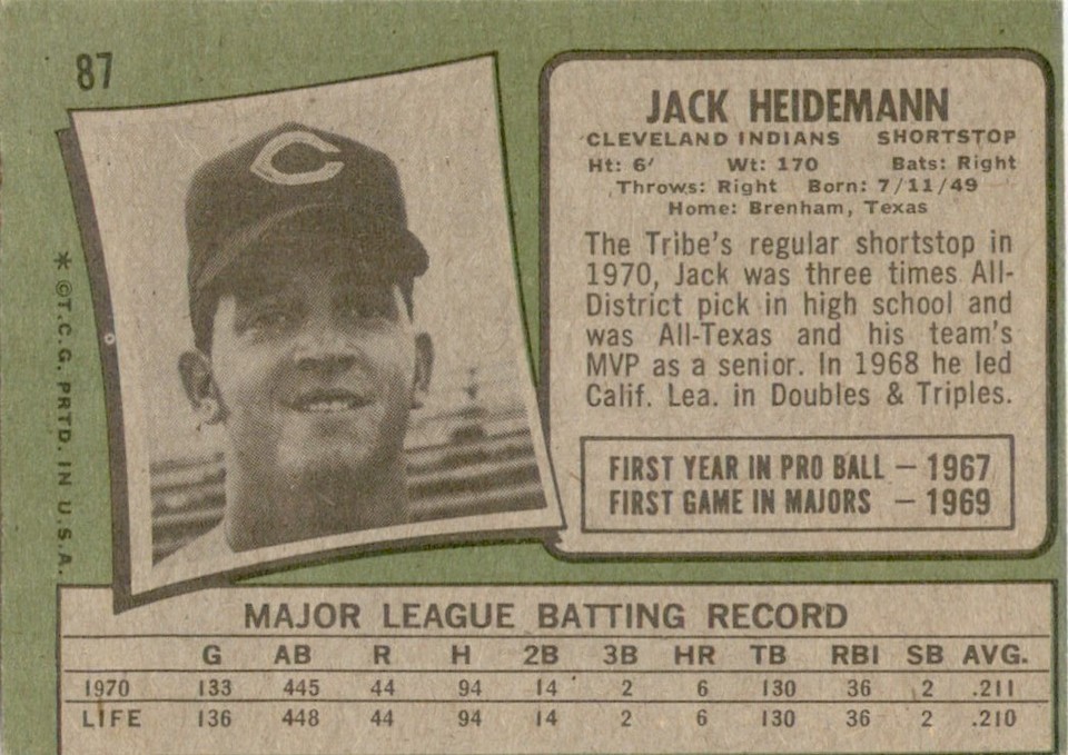1971 TOPPS JACK HEIDEMANN RC CLEVELAND INDIANS #87 EX-EXMT | eBay