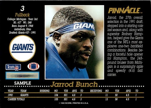 1993 Pinnacle Jarrod Bunch New York Giants #3 | eBay