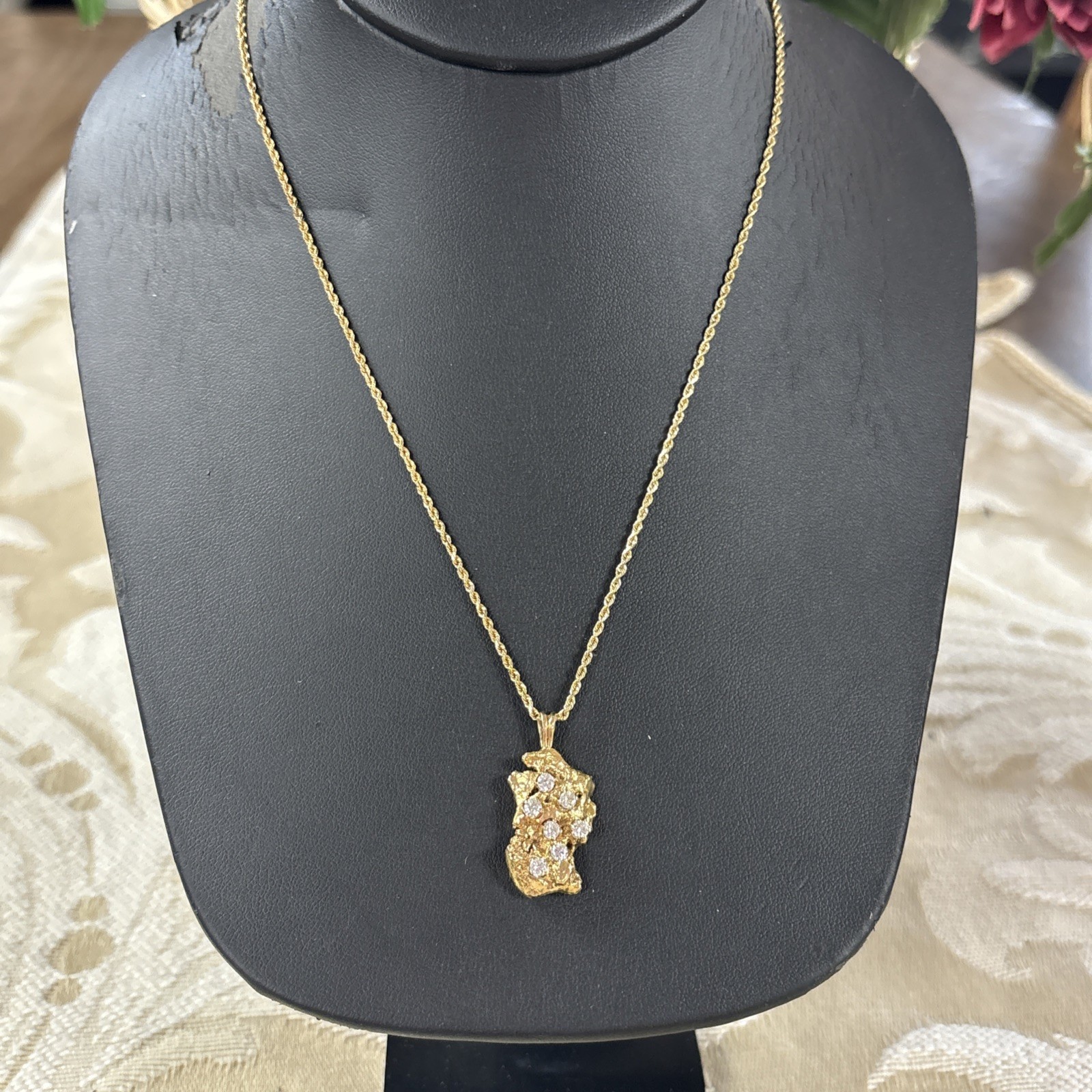 14k Gold Nugget Pendant with 7 Diamonds With 10k Chai… - Gem