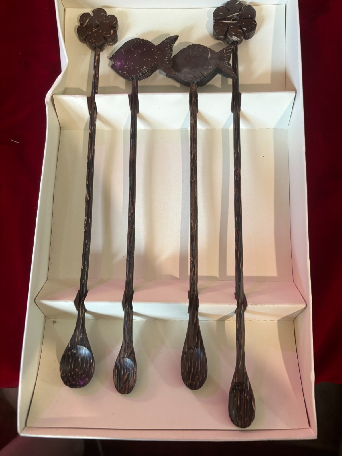 Wooden? Drink Swizzle Stirrer Sticks Set 4 2 Each Fish And Flowers | eBay