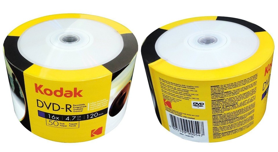 100 Kodak Blank 16X DVD-R DVDR White Inkjet Printable 4.7GB Media Disc ...