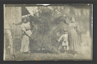 Bear Hide Huge Surrounded by 3 Children Posing AZO 4 Triangles Up 1904 ...
