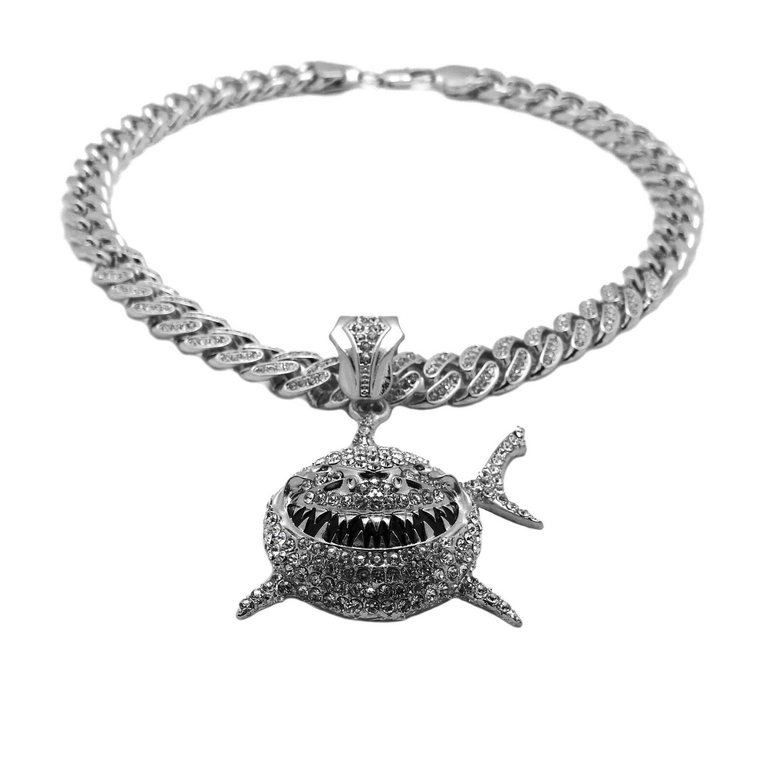 Silver PT Shark Pendant 18" 20" Partial Iced Cuban Chain Bling 6ix9ine ...