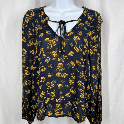 Banana Republic Womens Small Navy Blue/Yellow Floral Print Split Neck ...