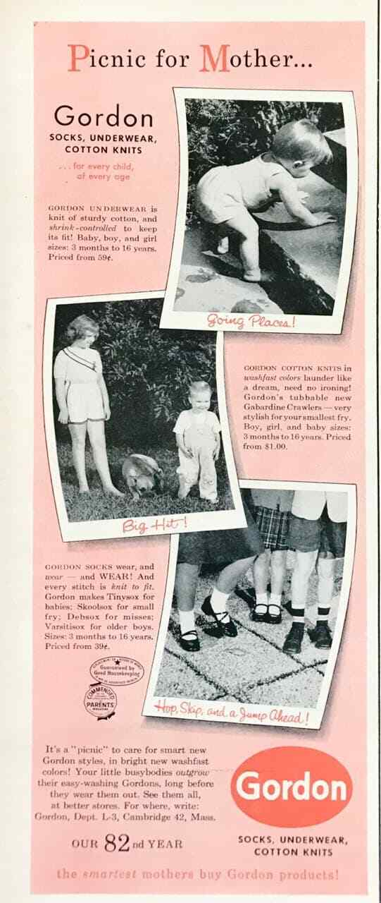 1954 PRINT AD Gordon Socks Underwear Cotton Knits Picnic for Mother ...