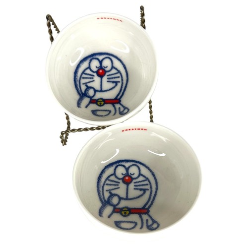 2 Doraemon Cat Ceramic Bowls Ramen Rice Soup White Blue Character ...