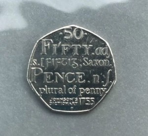 Rare 50p coin Saxon Johnson's Dictionary 1755 fifty pence penny plural ...