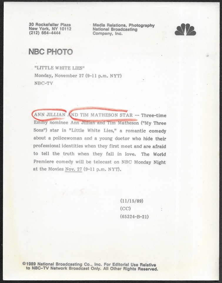 Ann Jillian Tim Matheson Original 1980s NBC TV Promo Photo Little White ...