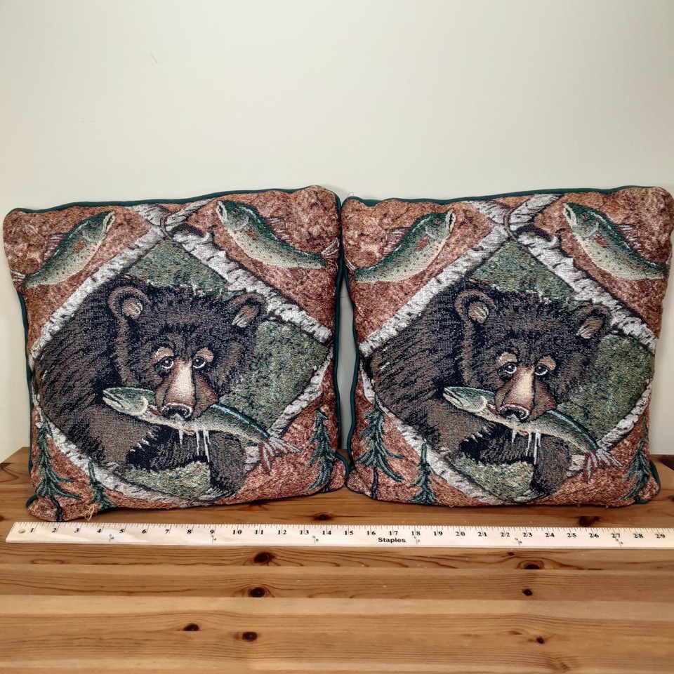 Susan Riggsbee Needlepoint Tapestry set of 2 pillows."Bear Catching a ...