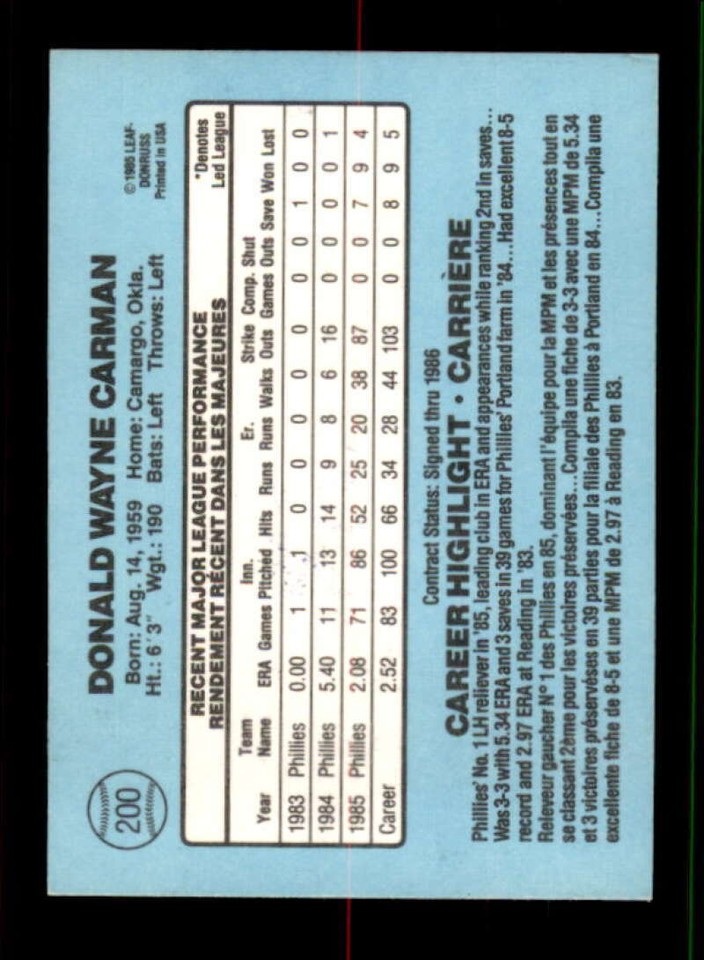1986 Donruss/Leaf #200 Don Carman AUTOGRAPHED!!! Phillies 236172 | eBay