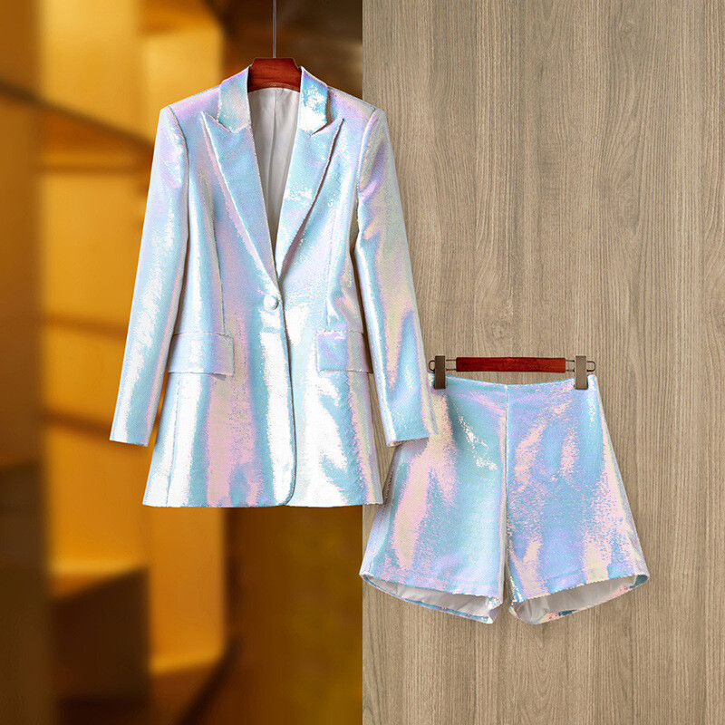 Womens Bling Bling Suits Set Jacket Blazer Shorts Party Runway Sequins ...