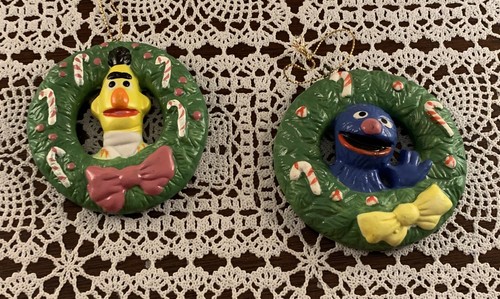 Two Sesame Street Ceramic Ornaments Vintage 1988 Bert Grover In Wreath ...