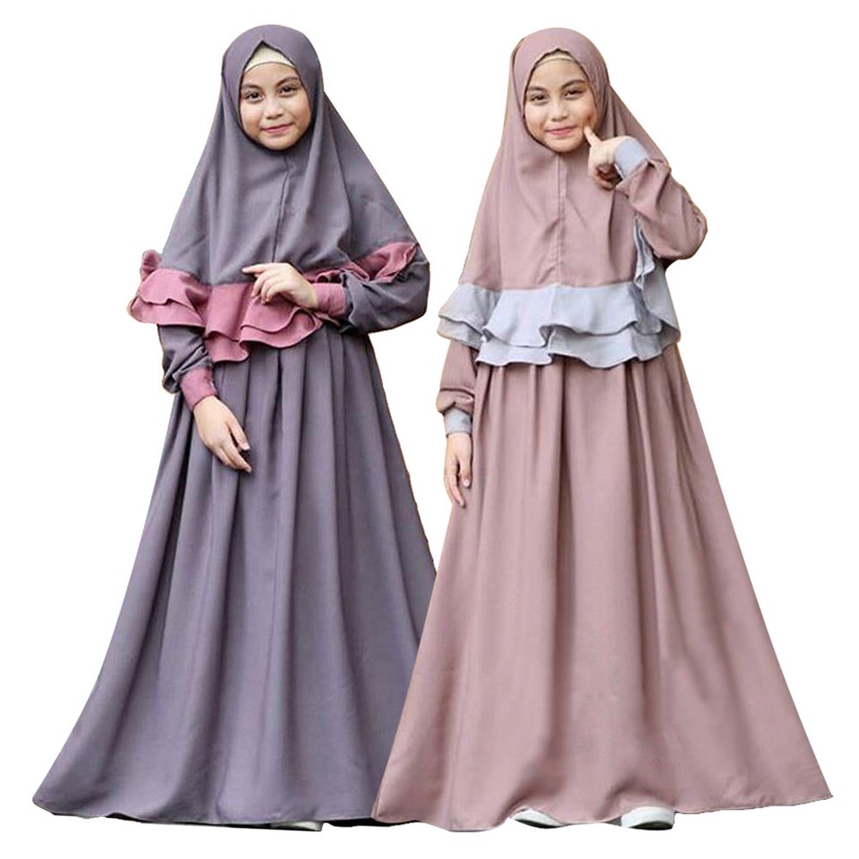 Muslim Kids Girls Long Maxi Dress Hijab Set Kaftan Islamic Abaya Caftan ...