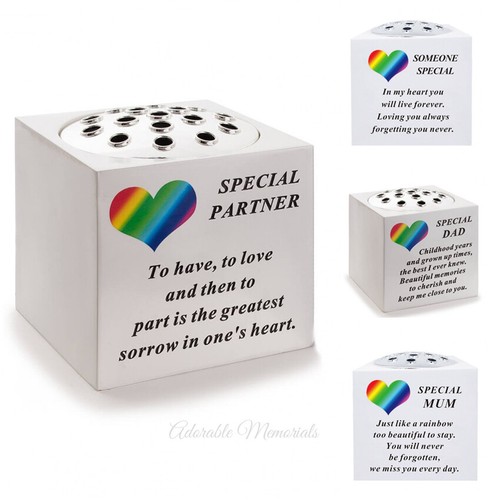 Rainbow Love Heart Memorial Vase & Silver Pot Pride Grave Flower Rose ...