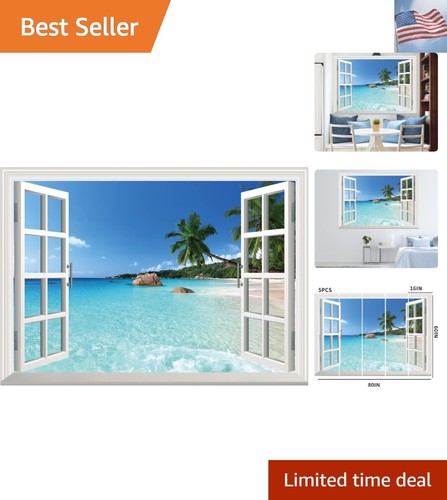 Fake Window Wall Sticker - Summer Beach Faux Window Wall Mural for Wall ...