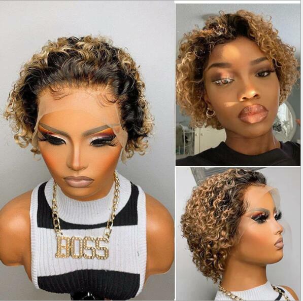 Pixie Cut Wig Short Curly Human Hair Wigs 13*1 Lace Front Wigs Ombre ...