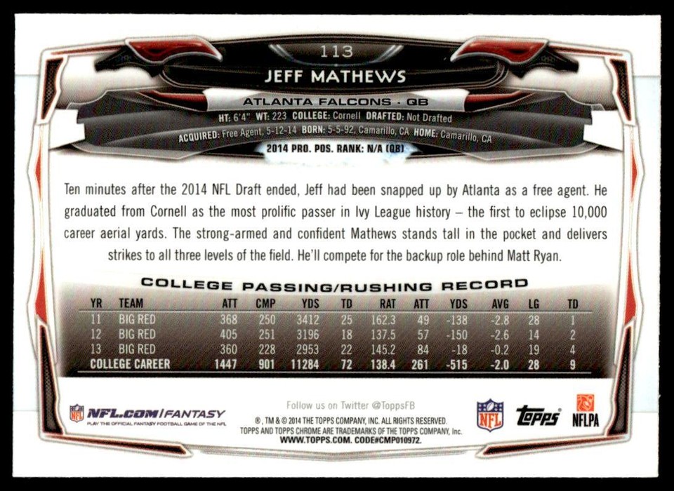 2014 Topps Chrome 113 Jeff Mathews Falcons RC Football Card Pulsar ...