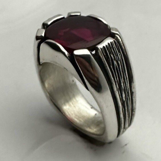 MJG STERLING SILVER MEN'S RING. 12 X 14mm ANTIQUE CUSHION LAB RUBY ...