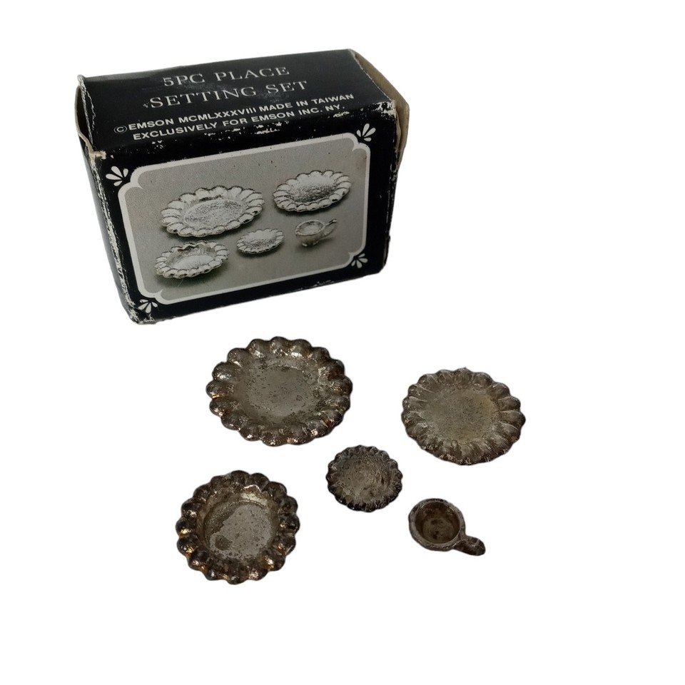 Vintage Emson Pewter Dollhouse Miniatures 5pc Tea Set 1988 Taiwan Retro ...