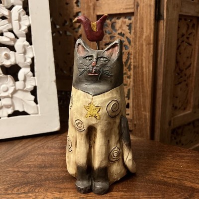 Folk Art Cat Figurine With Bird on Head 8 inch Figure Rustic Adorable ...